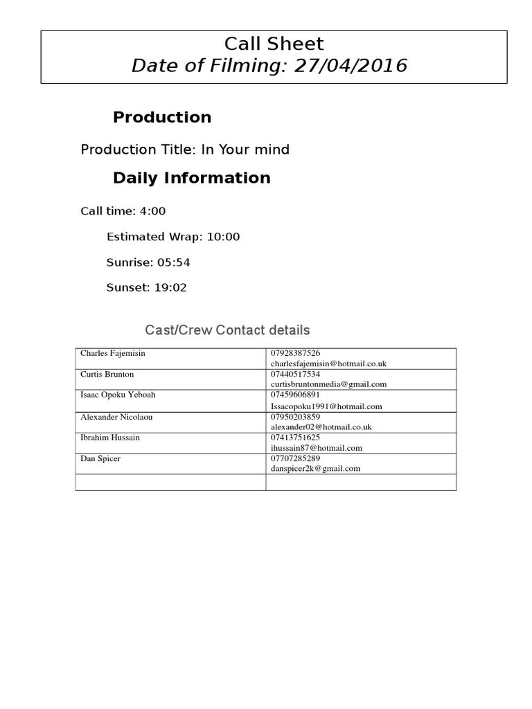 In Your Mind Production Call Sheet | PDF | Sports & Recreation