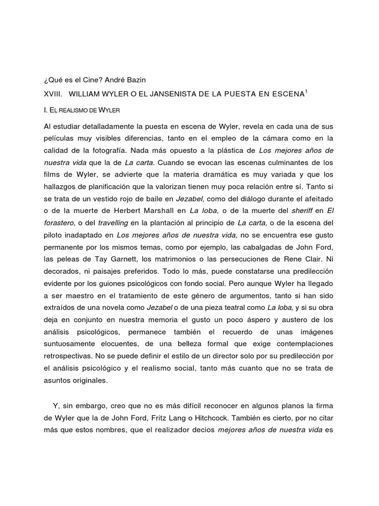 BAZIN William Wyler o El Jansenista de La P en Escena | PDF | Realidad ...