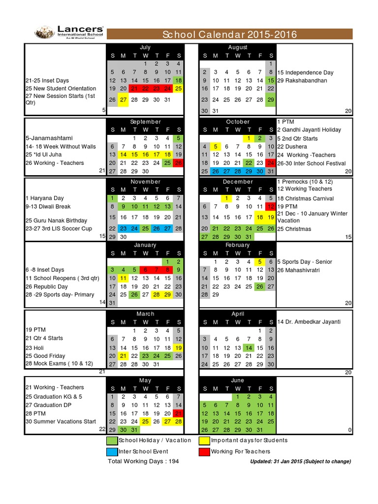 2015-2016 School Calendar | PDF