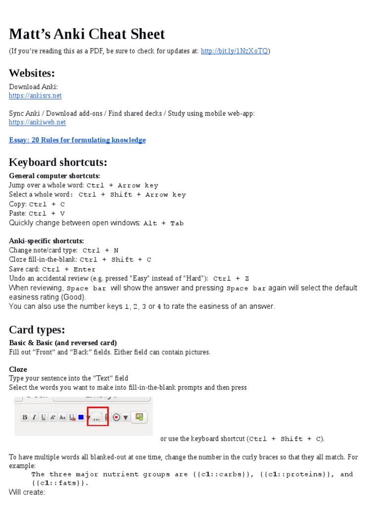 Anki Cheat Sheet | Computer Keyboard | Control Key