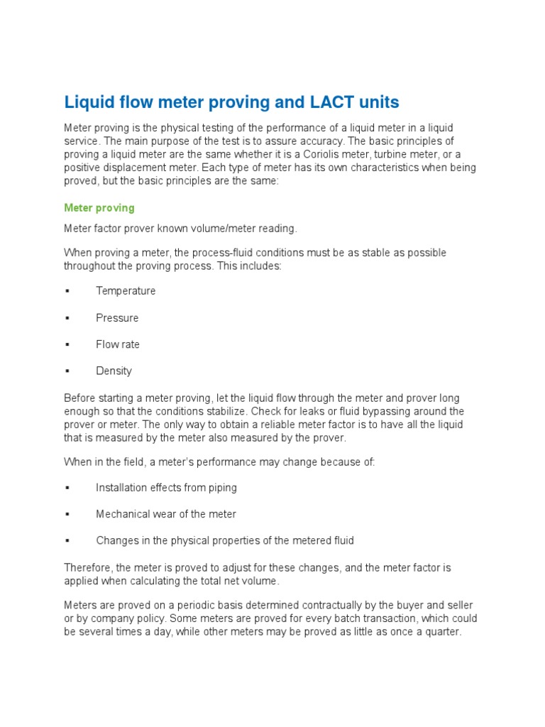 Liquid Flow Meter Proving and LACT Units | PDF | Pump | Flow Measurement