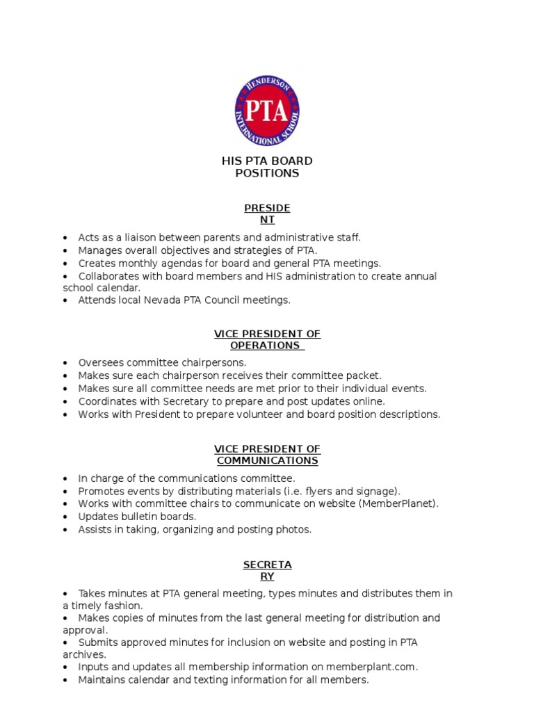 PTA Board Descriptions | PDF | Chairman | Board Of Directors