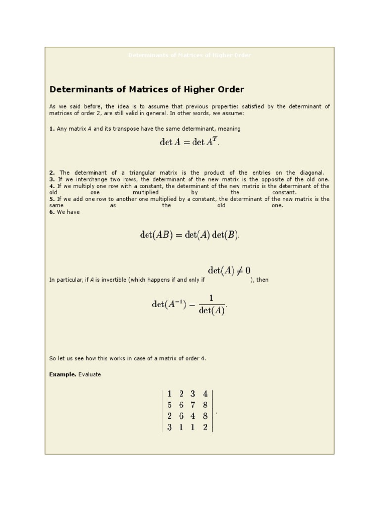 Determinants of Matrices of Higher Order | PDF | Determinant | Matrix ...
