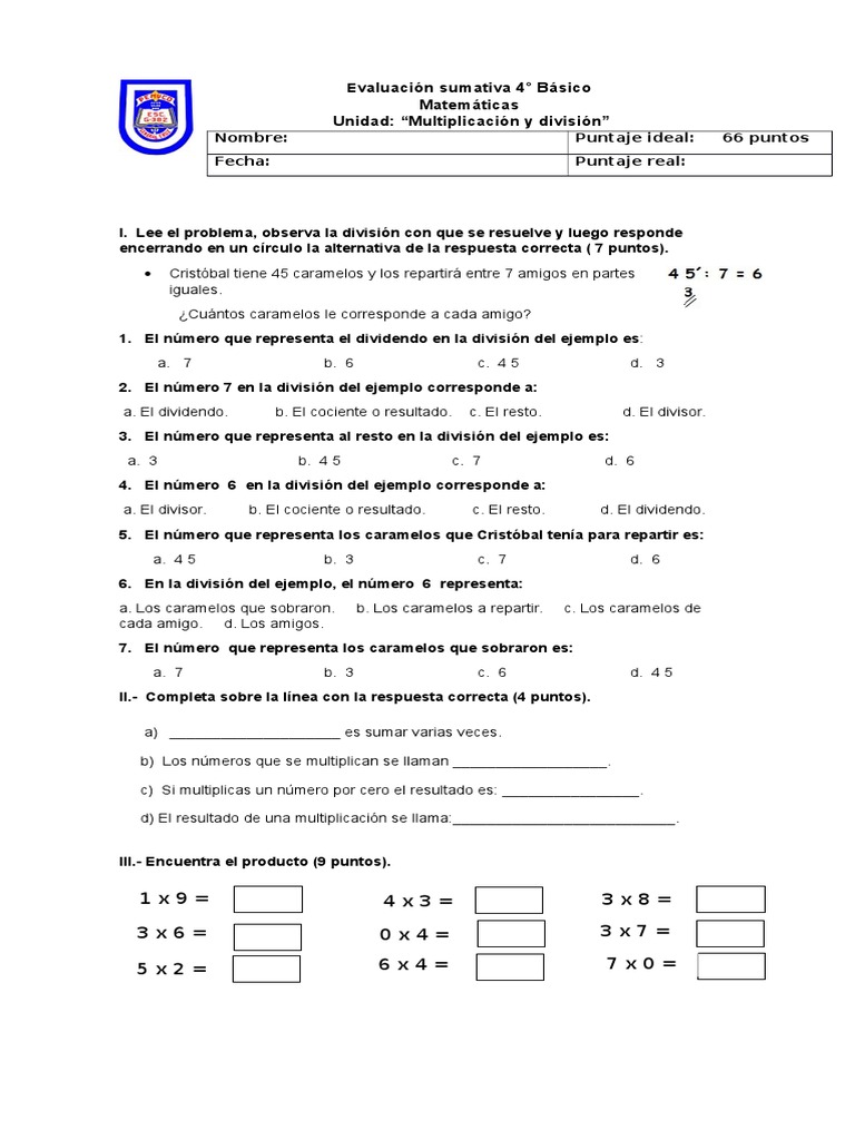 prueba multiplicacion y division 4° basico | División (Matemáticas ...