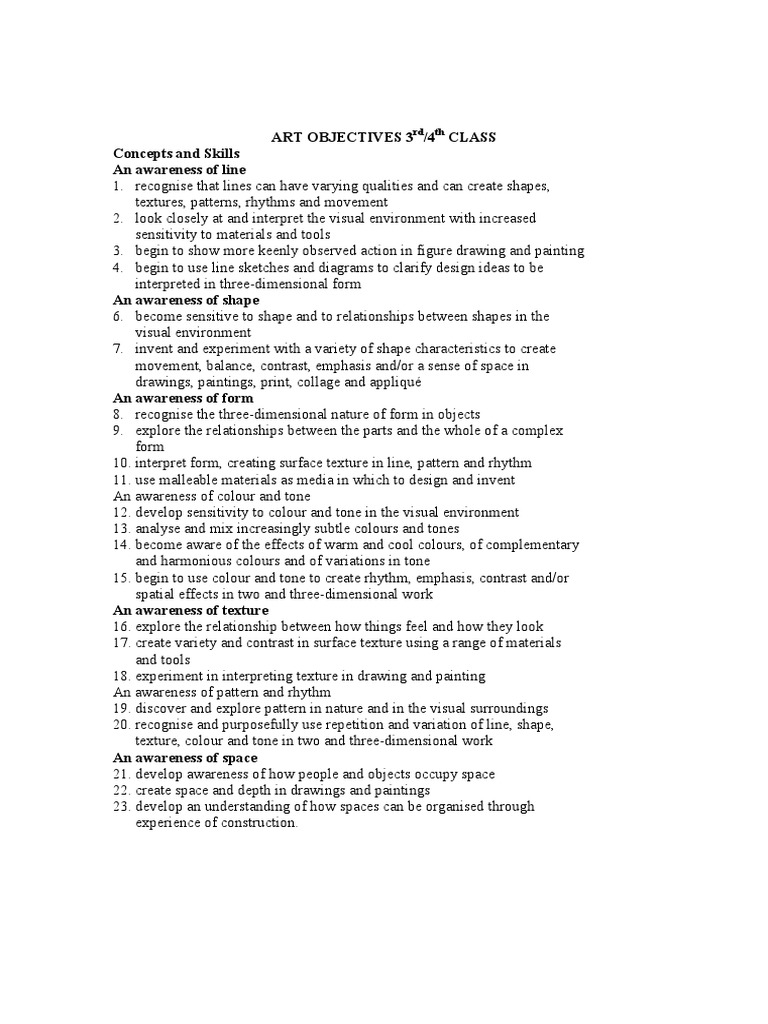 Art Objectives 3 /4 Class Concepts and Skills An Awareness of Line ...