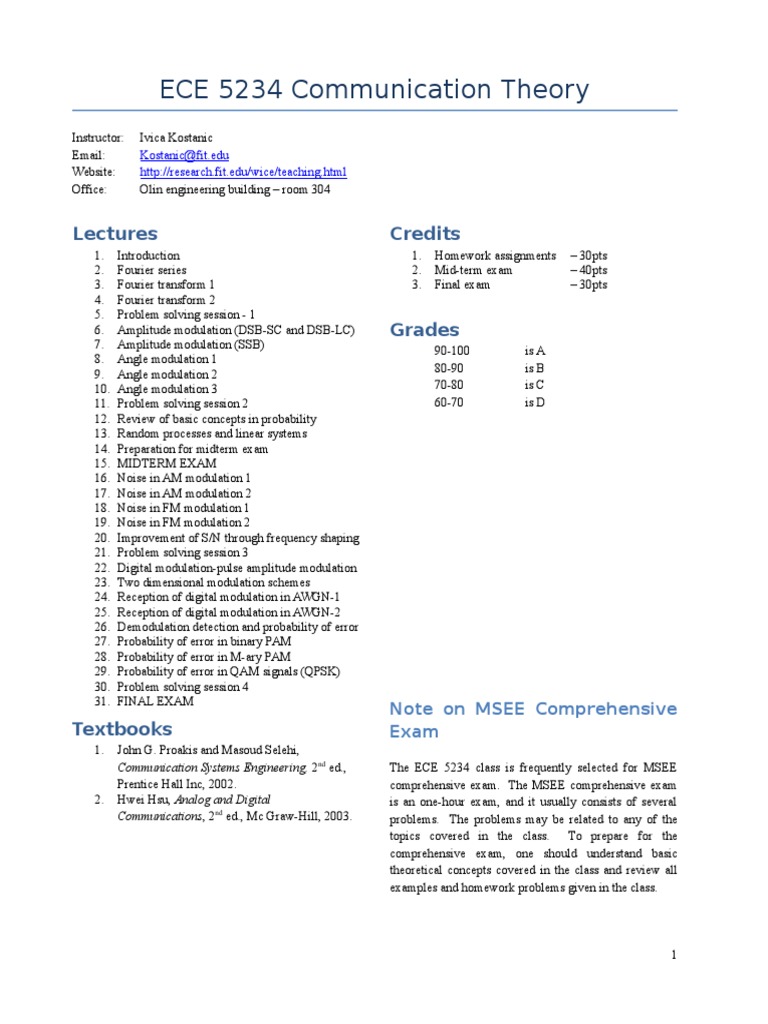 ECE 5234 Communication Theory - Class Outline | PDF