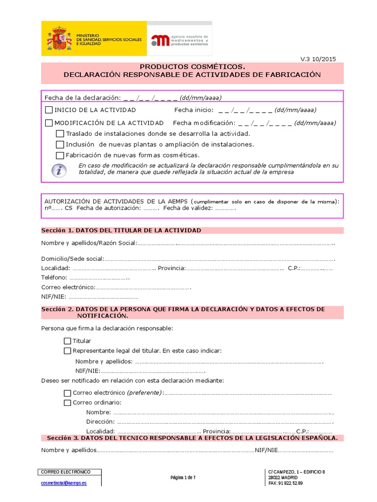 Modelo Declaracion Responsable Fabricantes Cosmeticos | Calidad ...