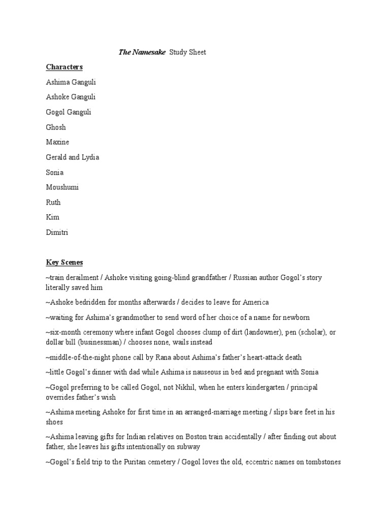 The Namesake Study Sheet | PDF