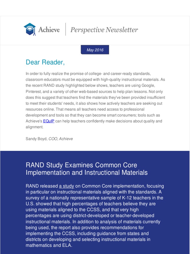 Dear Reader,: RAND Study Examines Common Core Implementation and ...
