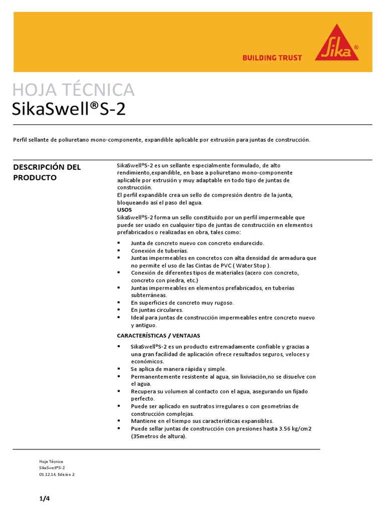 HT SikaSwell S 2 | PDF | Extrusión | Hormigón