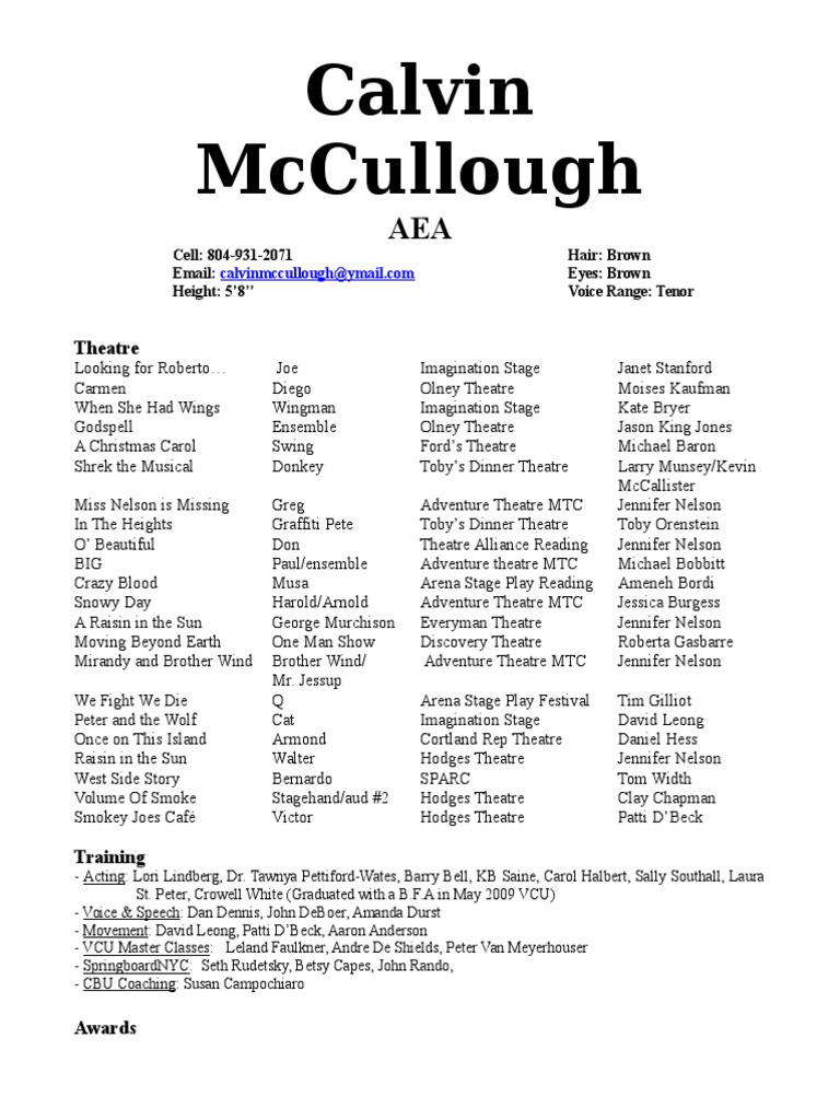 Calvin McCullough: Theatre Resume & Skills | PDF