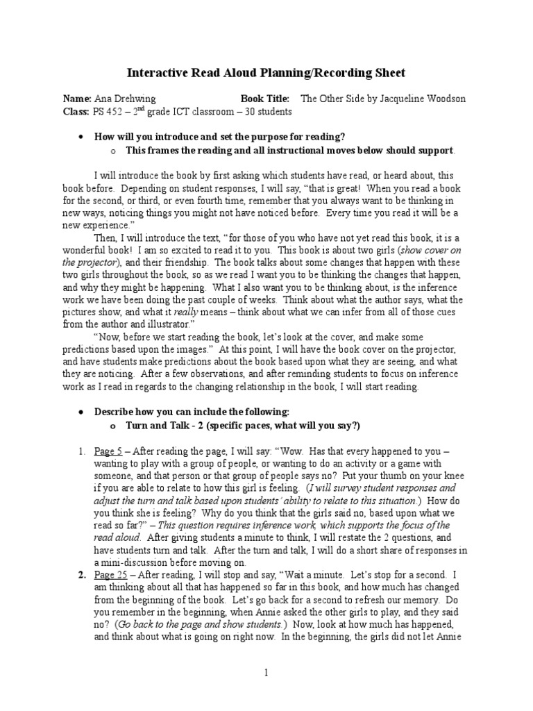 Readaloudlessonplan Reflection | PDF | Thought | Reading (Process)