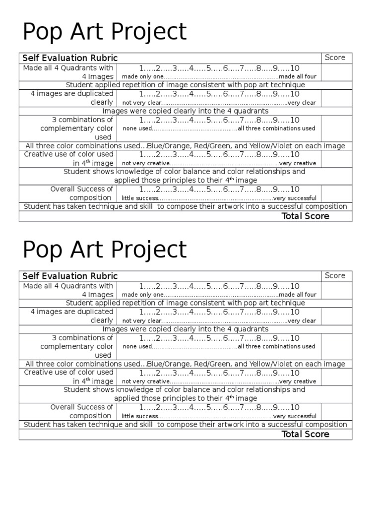 Pop Art Project Evaluation Rubric | PDF