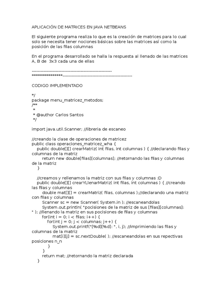 Aplicación de Matrices en Java Netbeans | PDF | Informática