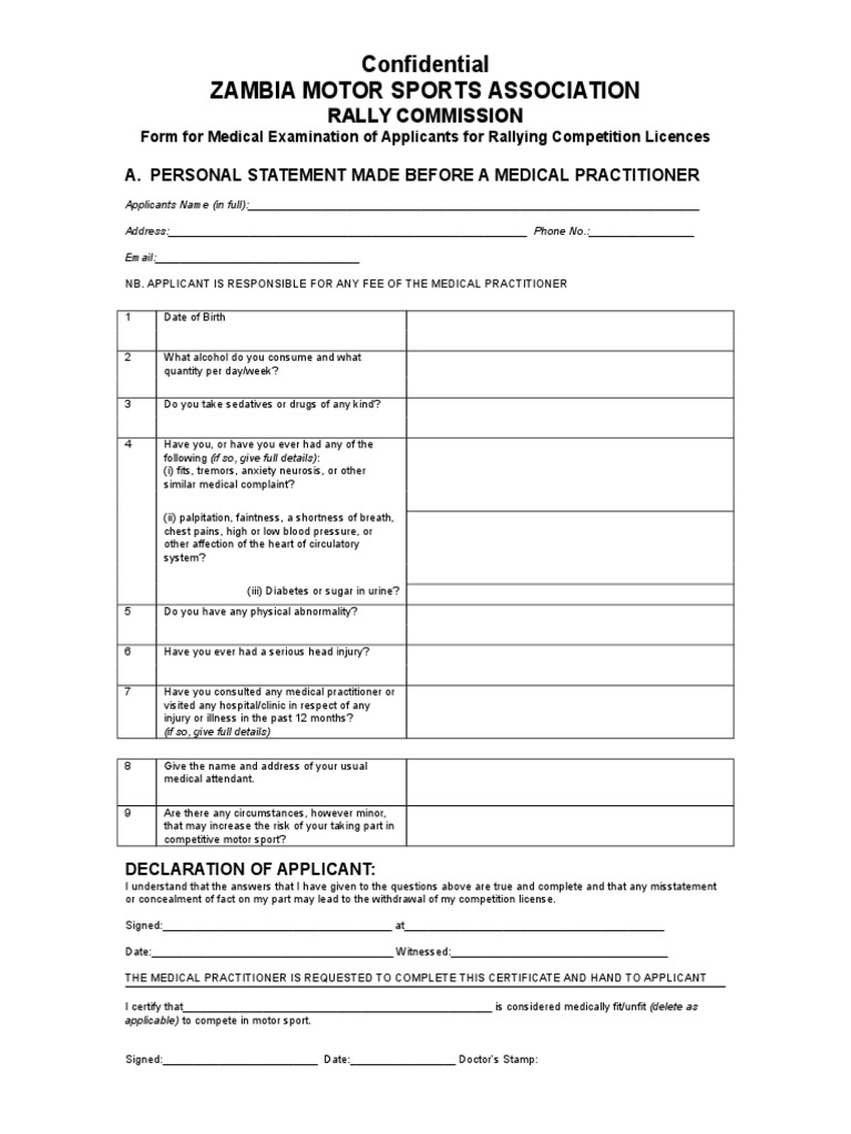 Zambia Motorsports Association Medical Form | Download Free PDF | Blood ...