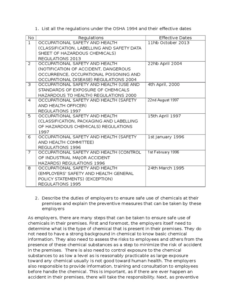 OSHA 1994 Act and Regulations | PDF | Working Conditions | Occupational ...
