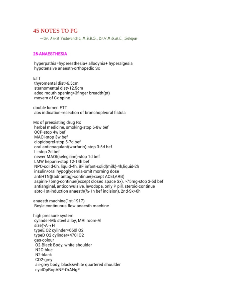 Anaesthesia Notes For PG | PDF | Drugs Acting On The Nervous System ...
