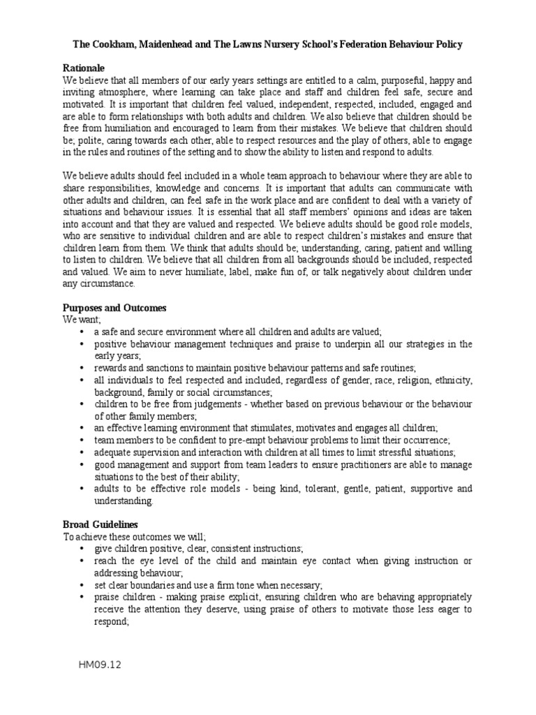 Cookham & Maidenhead Nursery Behaviour Policy | PDF | Behavior | Preschool