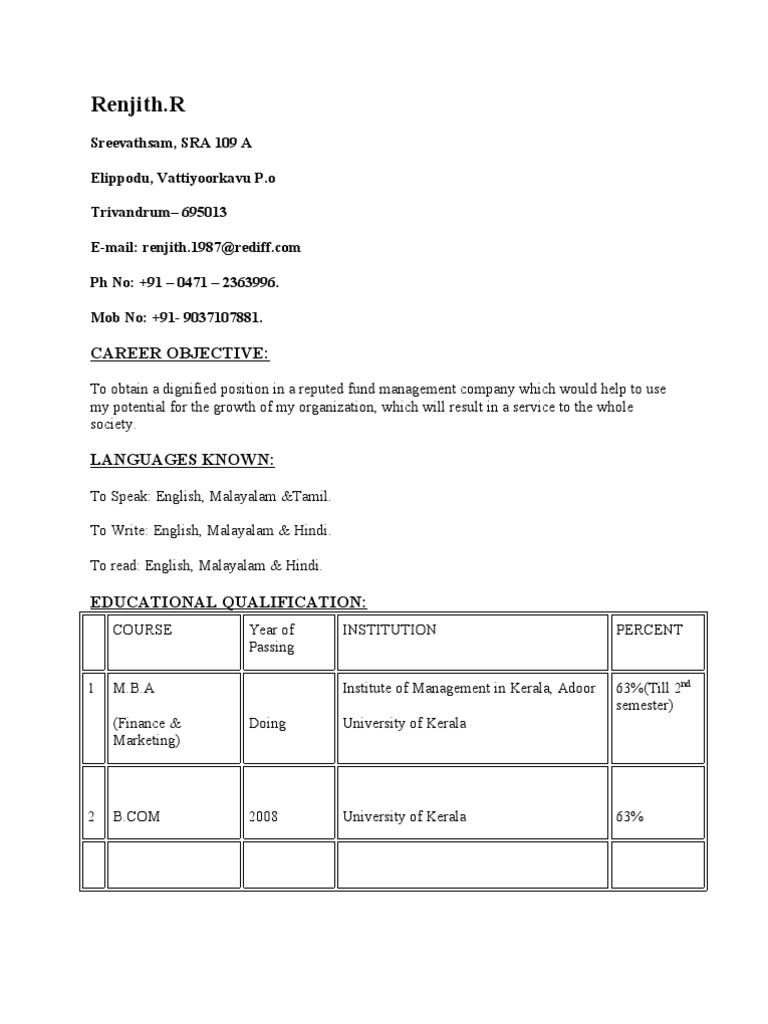 Resume - Renjith.r | PDF | Kerala | Stocks