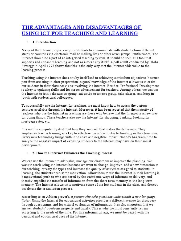 The Advantages and Disadvantages of Using Ict for Teaching And ...
