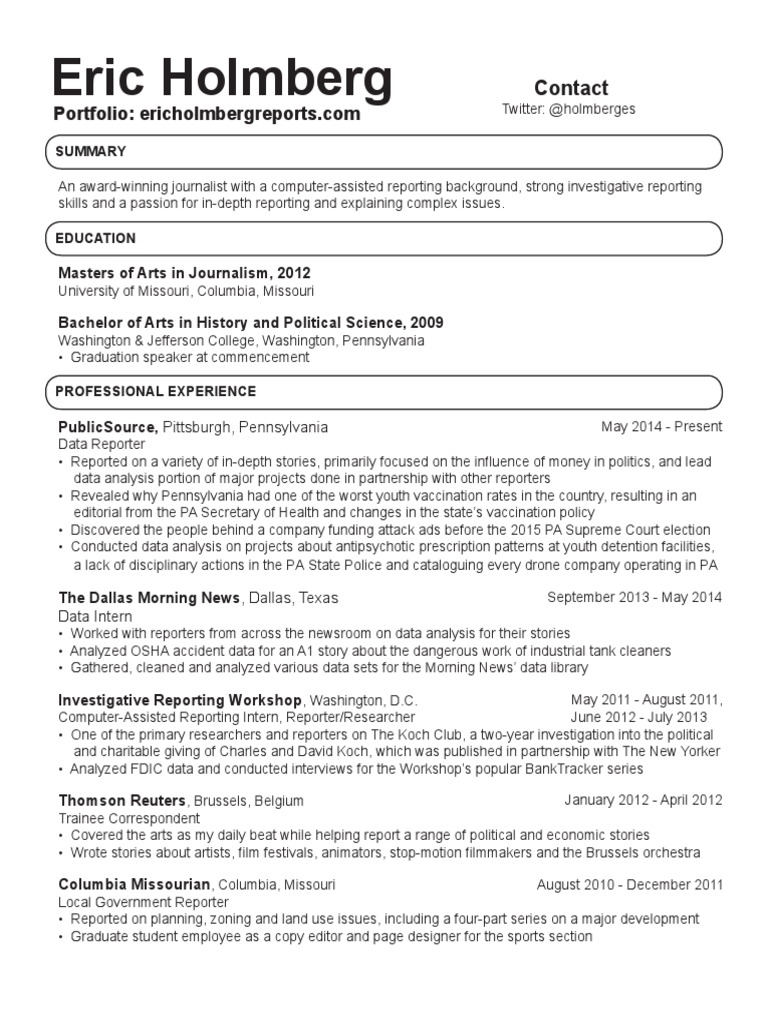 Eric Holmberg Resume | PDF | Journalist | Journalism