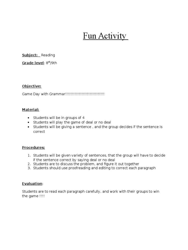 Grammar Game Day Activity | PDF