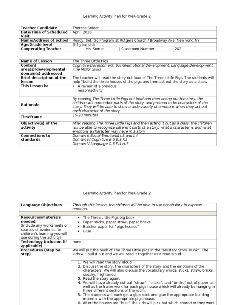 Three Little Pigs Lesson Plan | PDF | Quality Of Life | Cognition