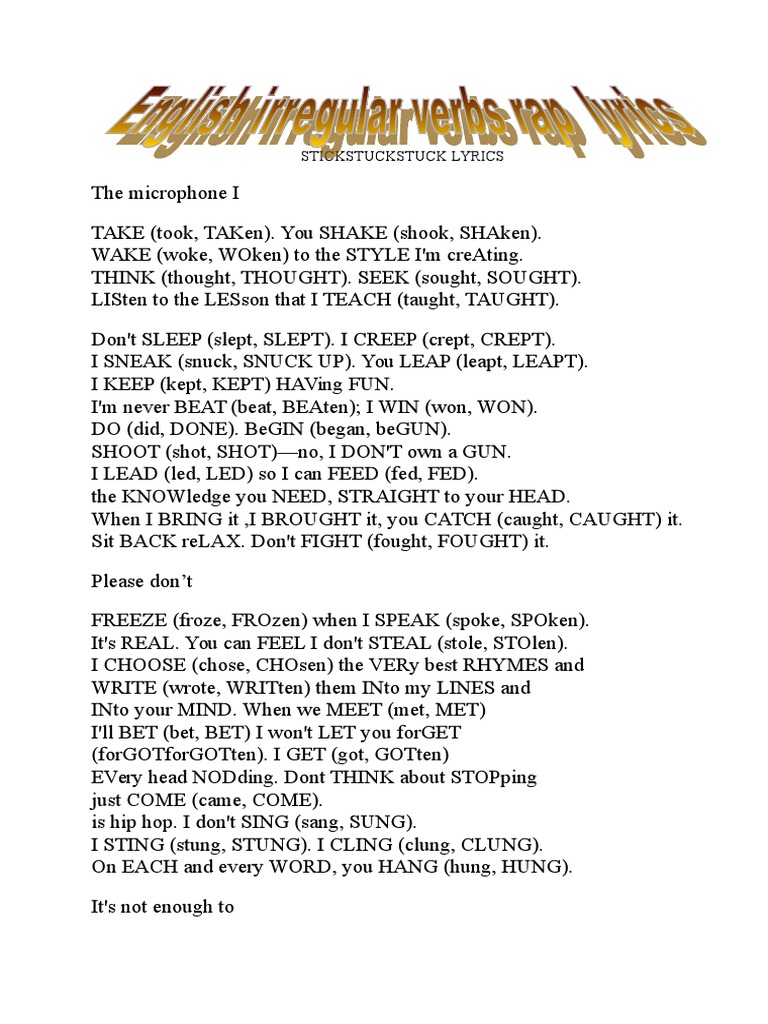 Irregular Verbs Rap Lyrics | PDF