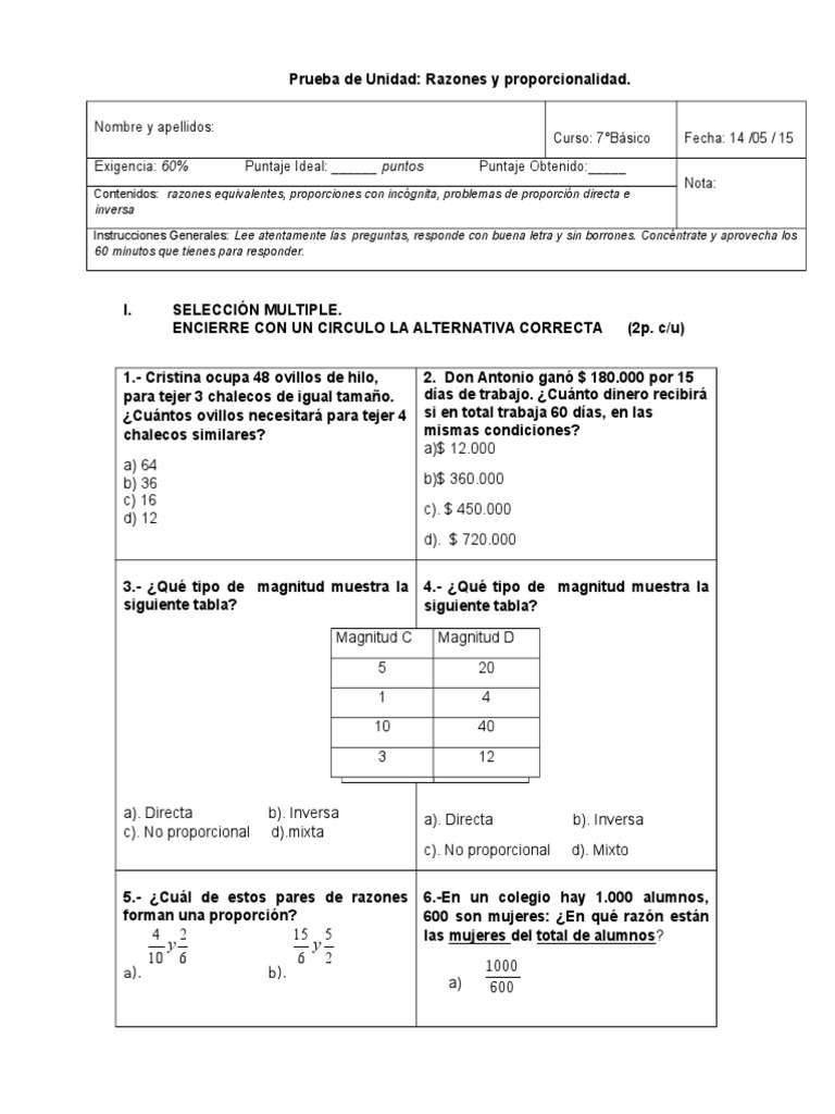 Prueba Septimo Proporcionalidad | PDF | Proporción | Enseñanza de ...