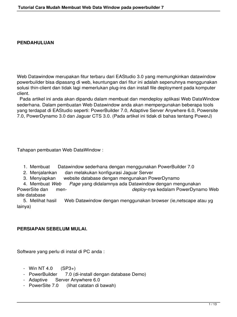 Tutorial Cara Mudah Membuat Web Data Window Pada Powerbuilder 7 | PDF