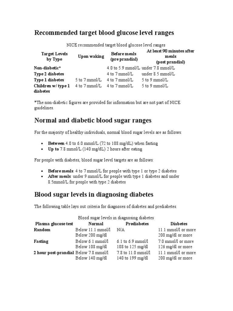 Recommended Target Blood Glucose Level Ranges | PDF