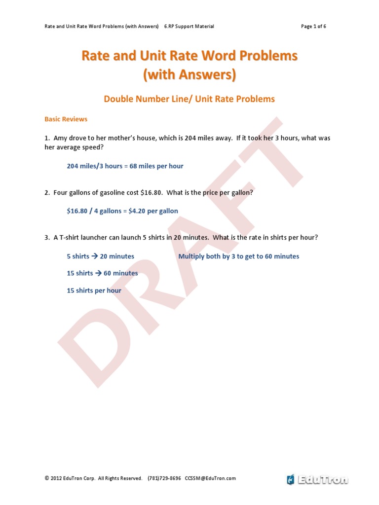 08-Rate and Unit Rate Word Problems With Answers | Speed | Business