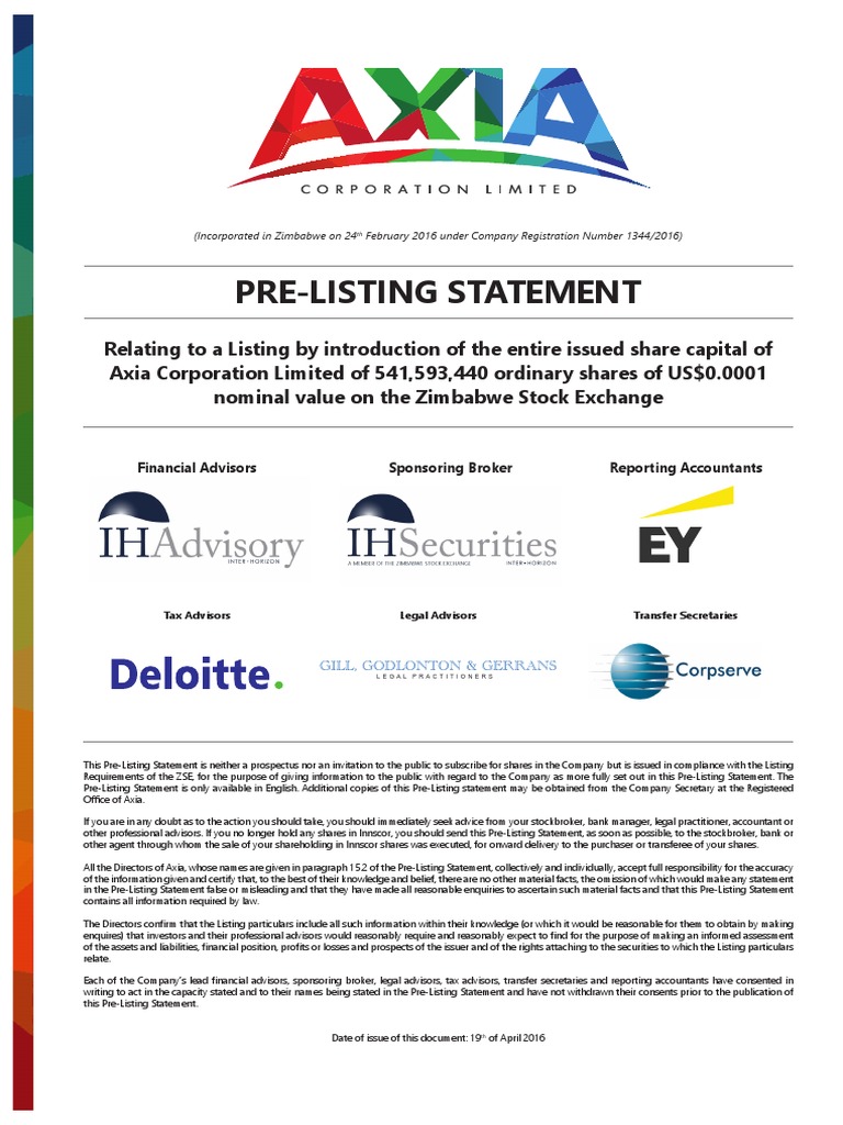Axia Corporation Limited Pre Listing Statement | PDF | Dividend ...