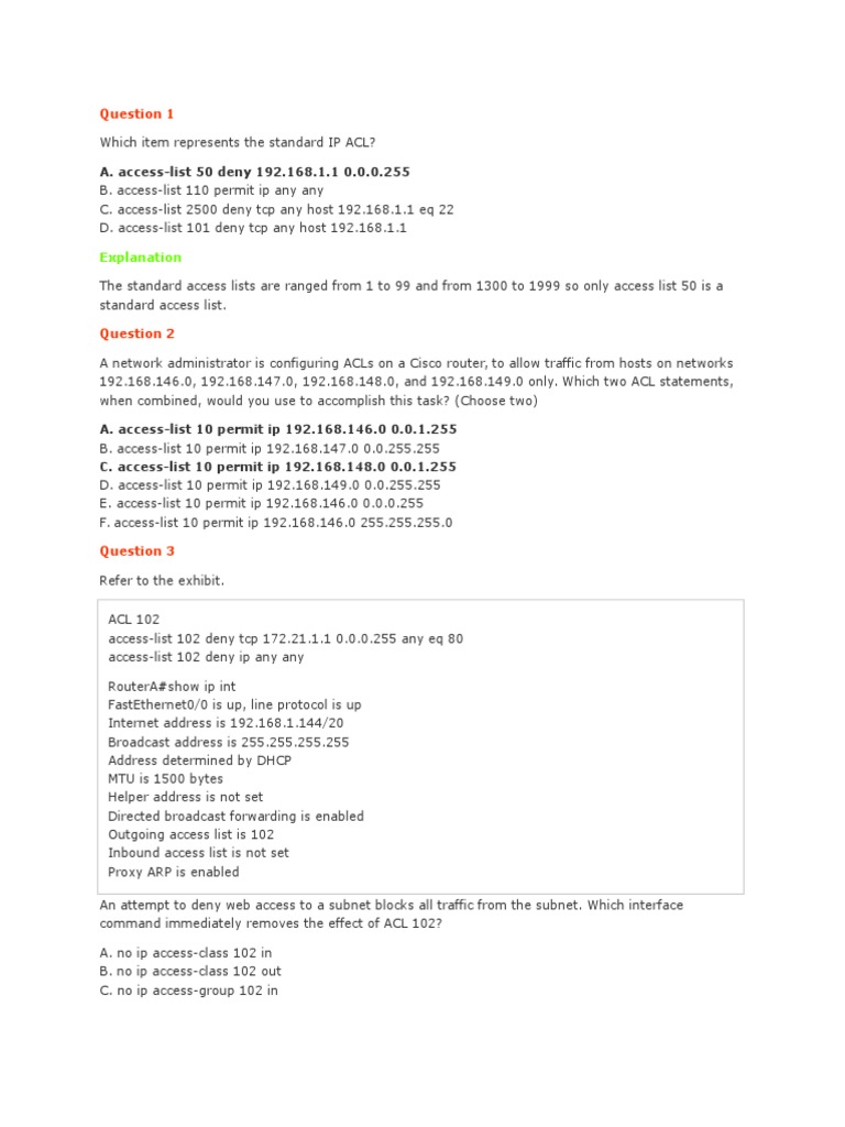 CCNA - Access List Questions | PDF | Ip Address | Transmission Control Protocol