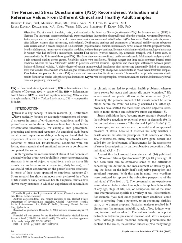 The Perceived Stress Questionnaire (PSQ) Reconsidered: Validation and ...