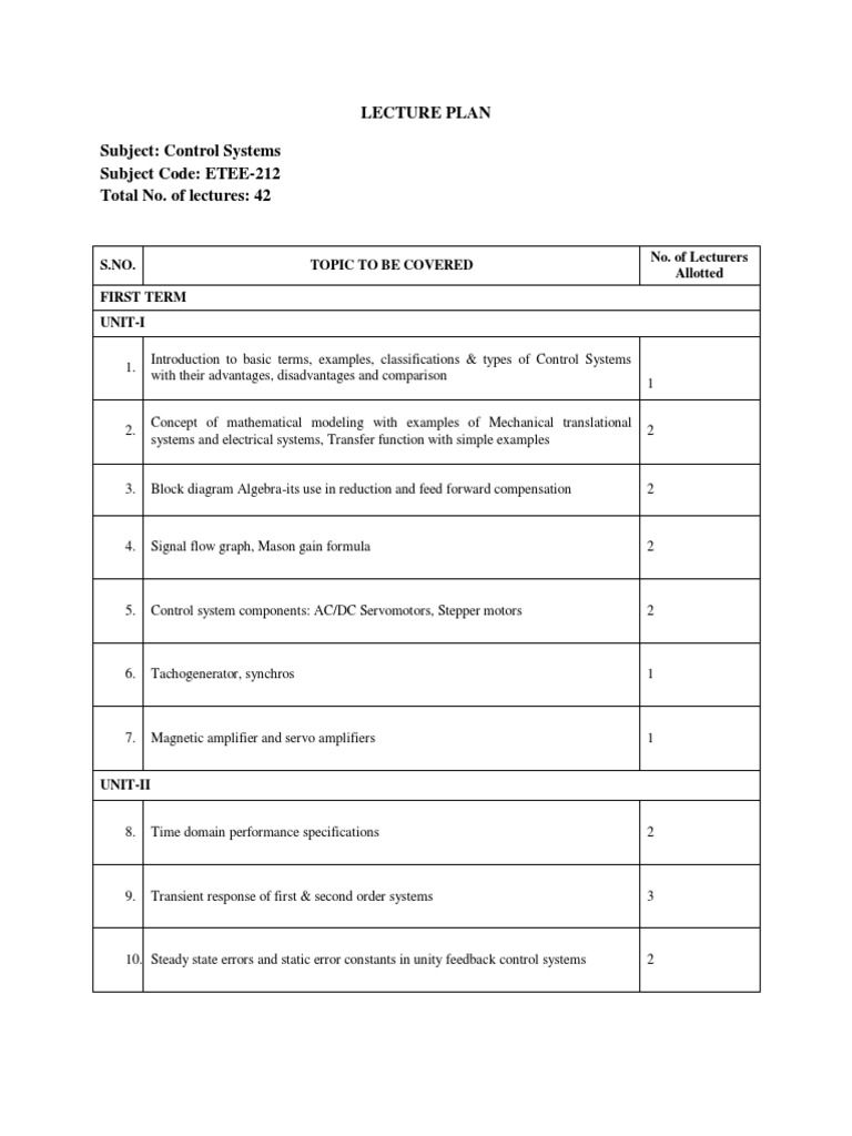 Control System Lecture Plan | PDF