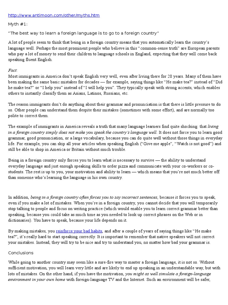 Eap Quiz Lesson 2 Myths About Learning English Pdf Vocabulary