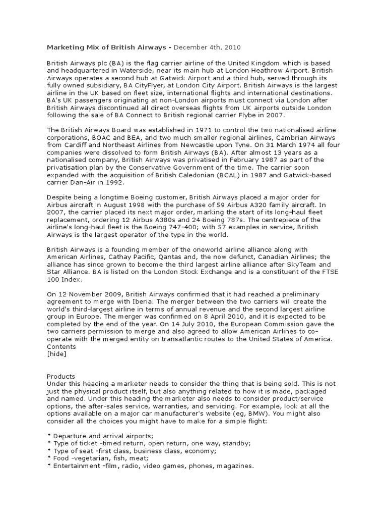 Marketing Mix of British Airways | PDF | Direct Marketing | Marketing