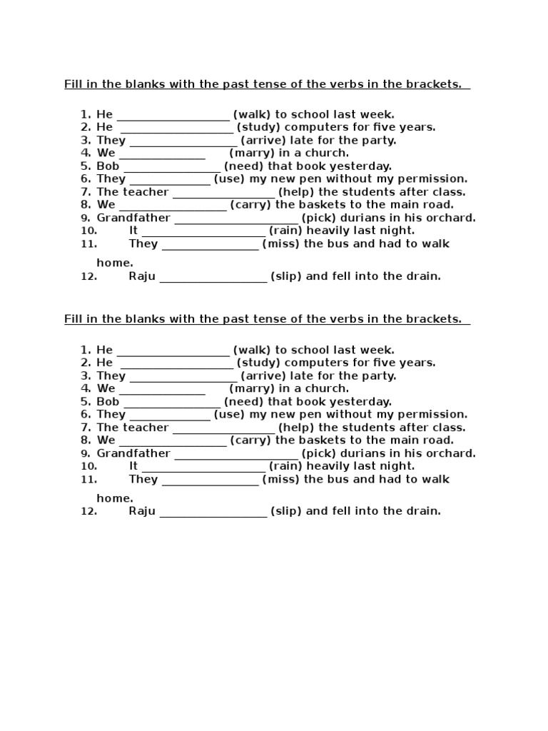 Past Tense Verb Fill-in Worksheet | PDF