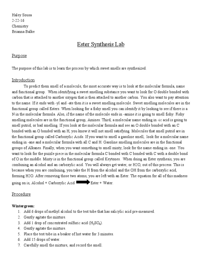 Ester Synthesis Lab: Purpose | PDF | Ester | Functional Group