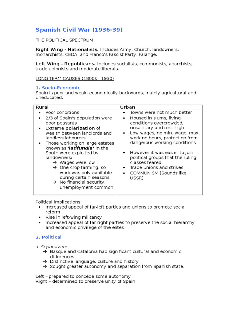 Causes of Spanish Civil War Notes | PDF | Spanish Civil War | Francisco ...