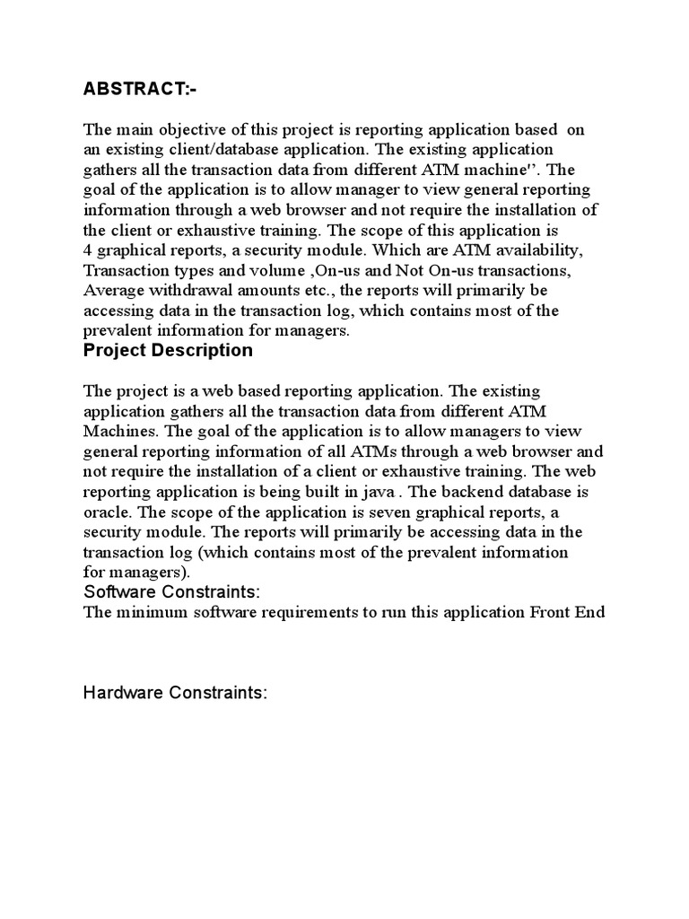 ATM Reporting System Report | PDF | Automated Teller Machine | Personal ...