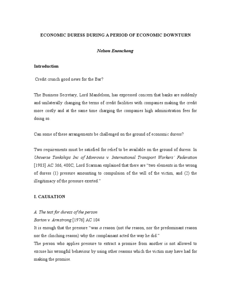 Economic Duress in Credit Agreements | PDF | Tort | Social Institutions