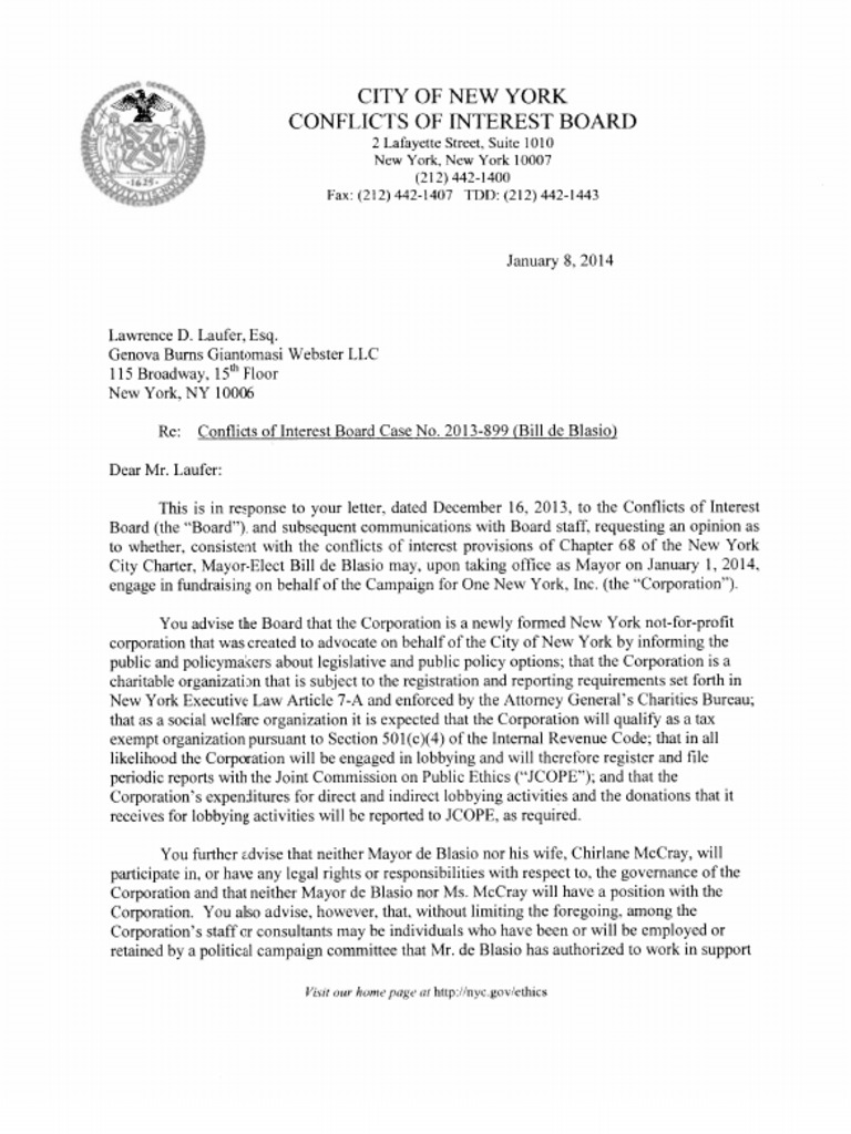 COIB Letter On Campaign For One NY | PDF