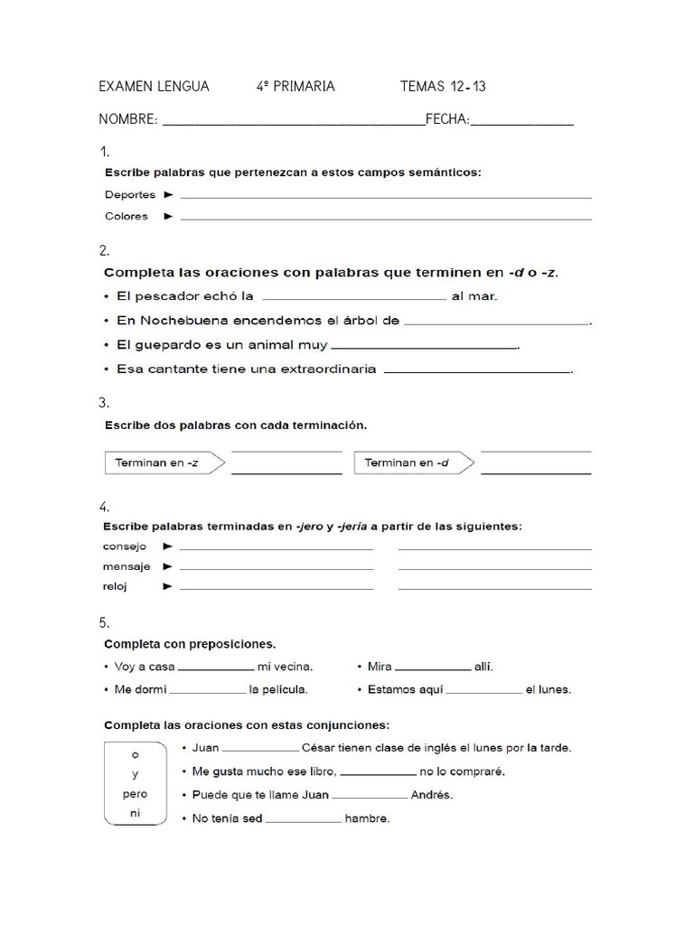 Examen Lengua 4º Primaria Temas 12 | PDF