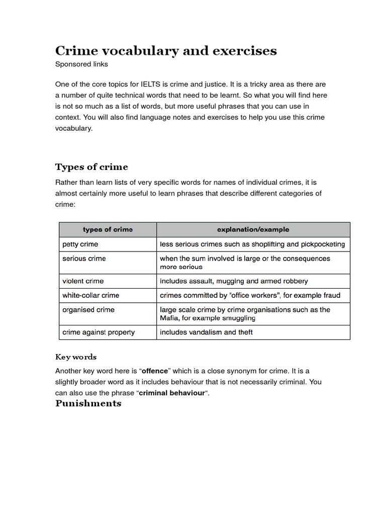 Crime Vocabulary and Exercises for IELTS | PDF