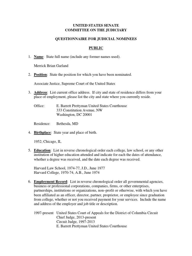 Senate Judiciary Committee Questionnaire | PDF | Circuit Court | United ...