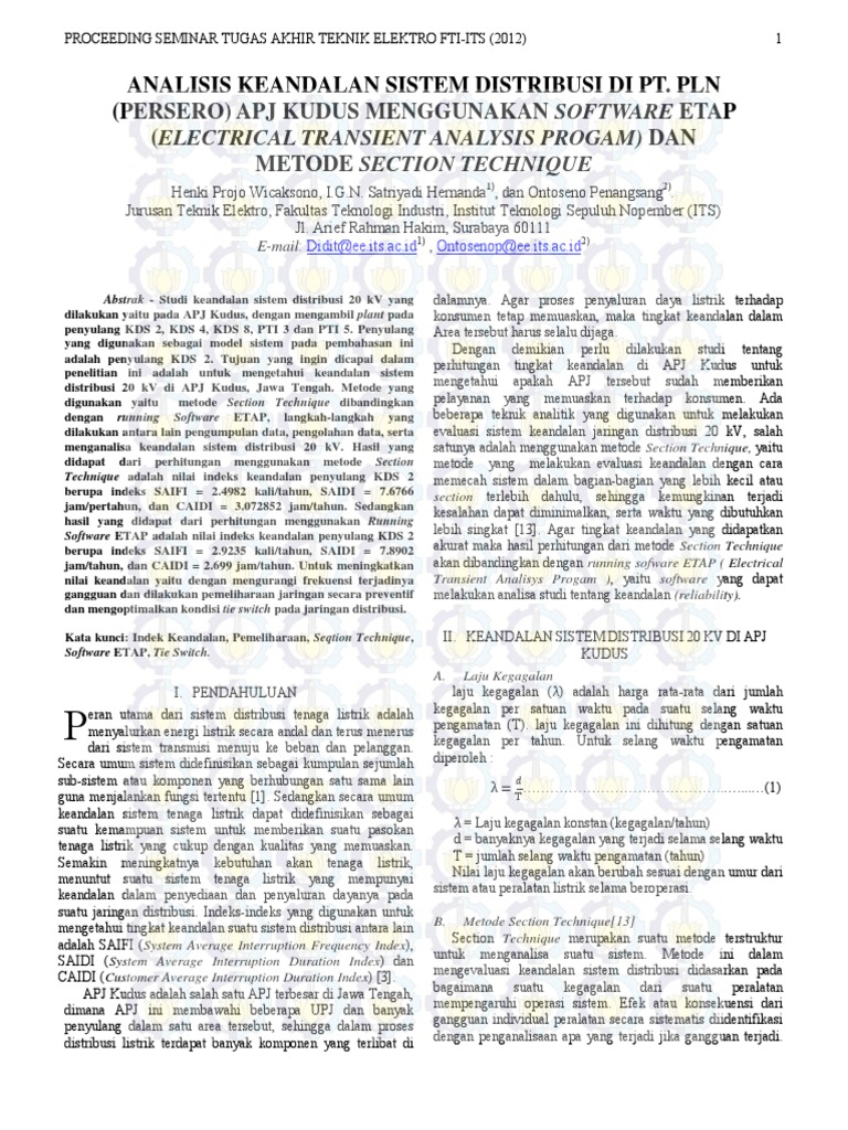 Analisis Keandalan Sistem Distribusi Di Pt. PLN (Persero) Apj Kudus Menggunakan Software Etap ...