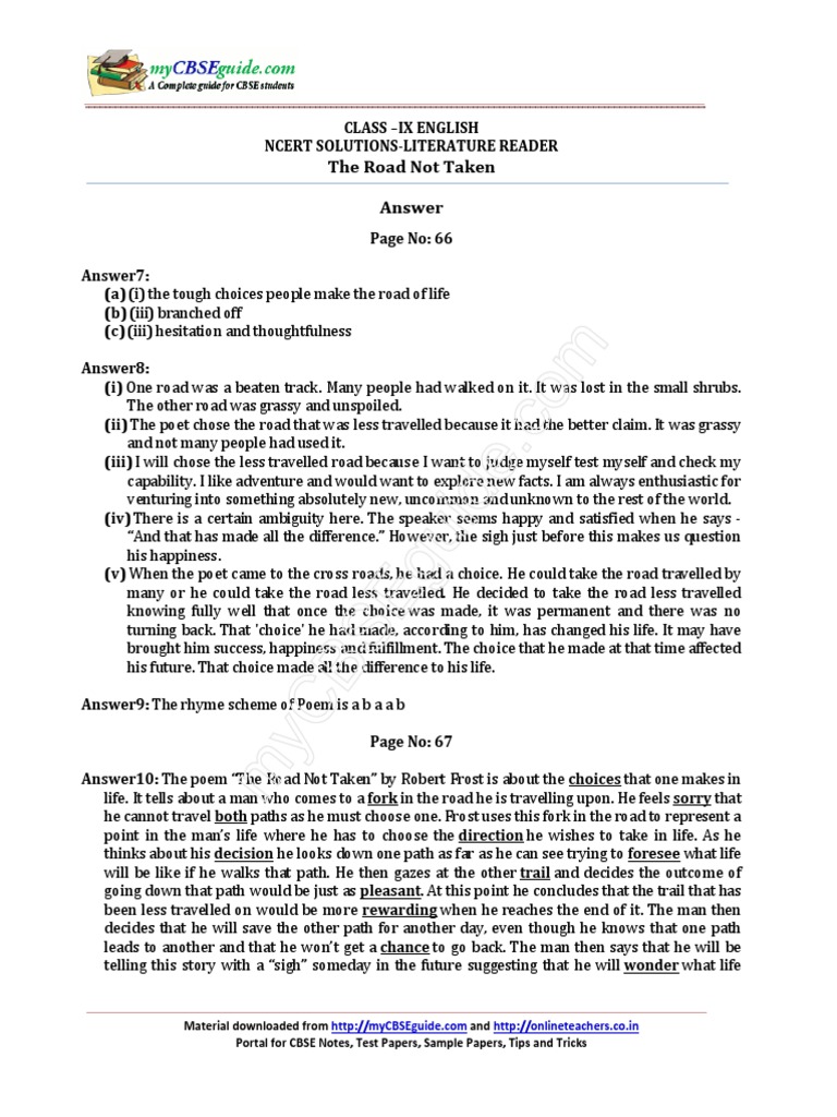 09 English Communicative Ch07 The Road Not Taken Ans | PDF | Poetry