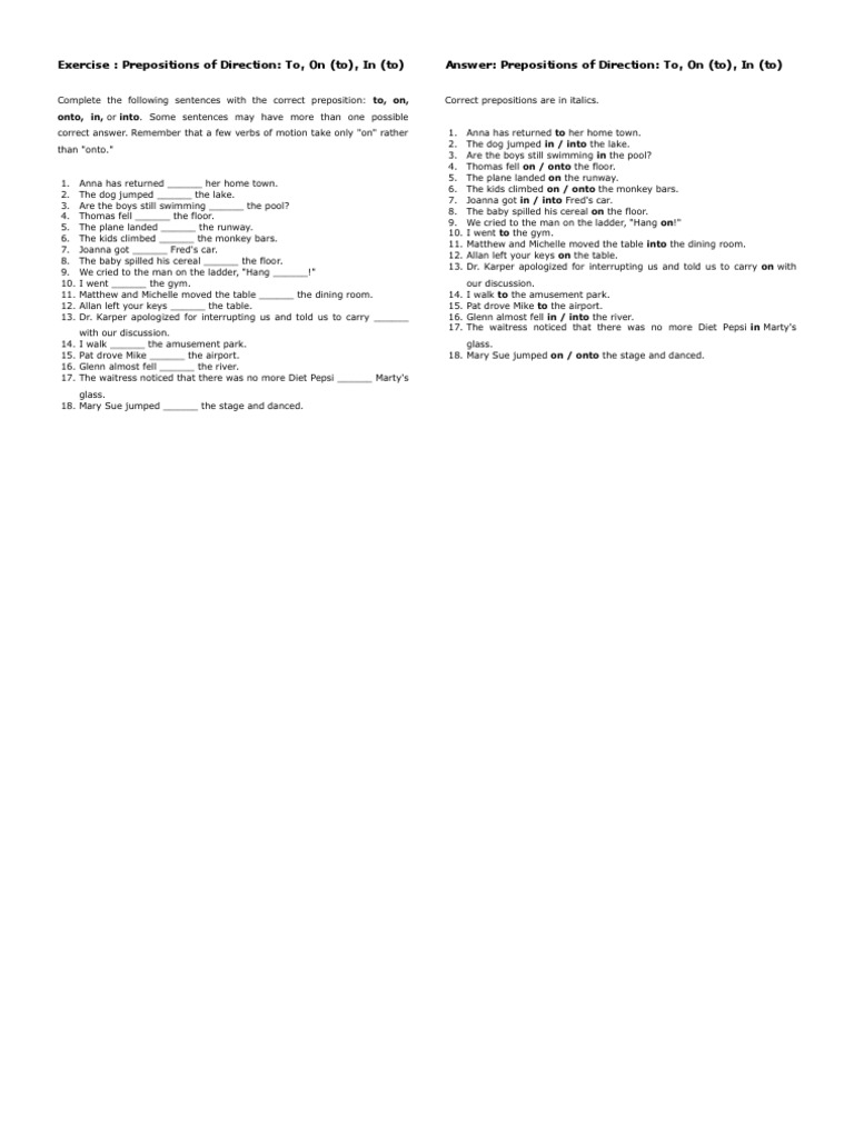 Prepositions of Movement - Into Onto in On - 1 | PDF